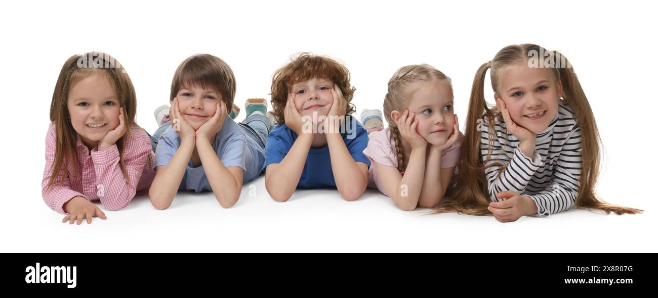 Group of cute children posing on white background Stock Photo - Alamy