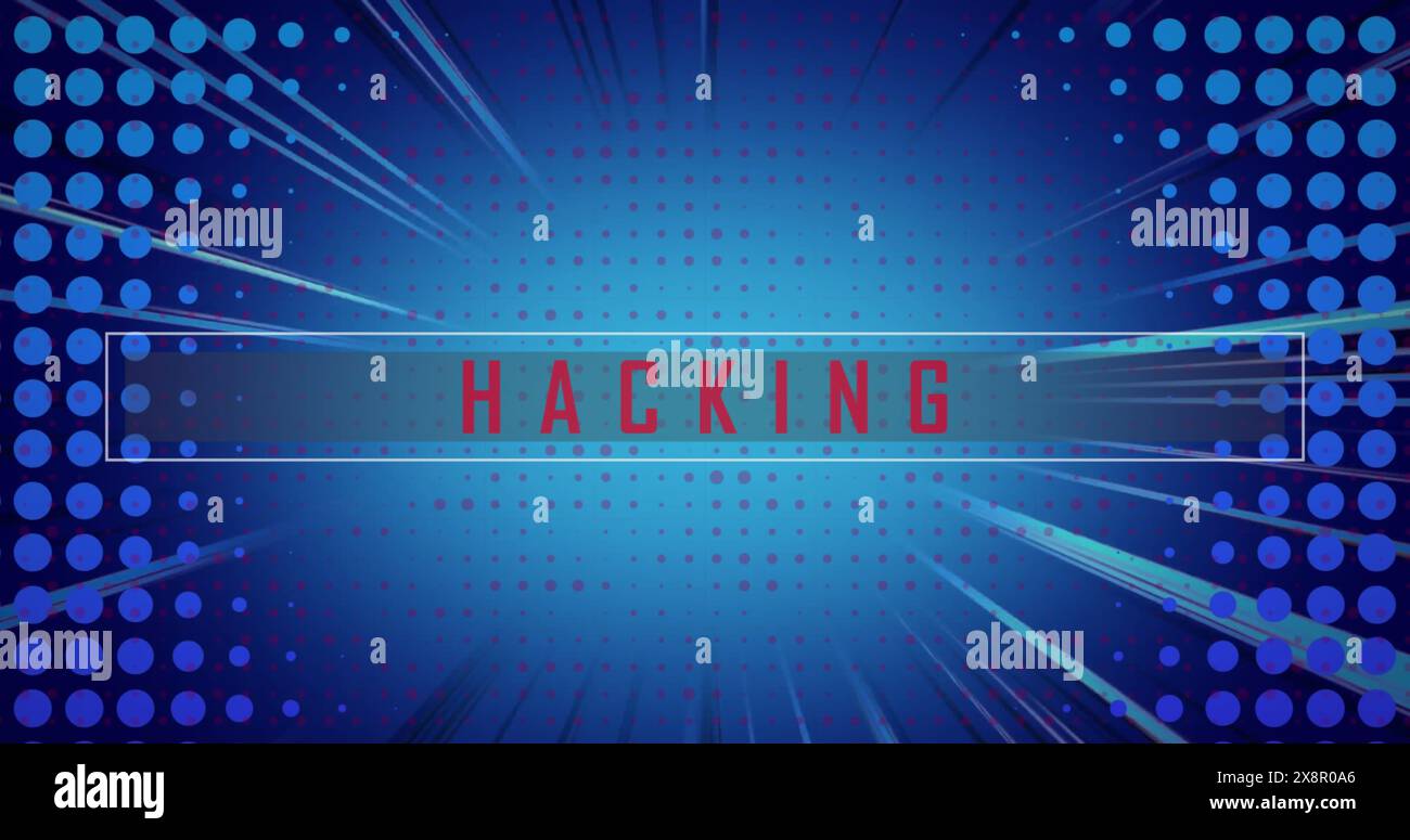 Image of hacking text in bar and looping geometric shapes over blue ...
