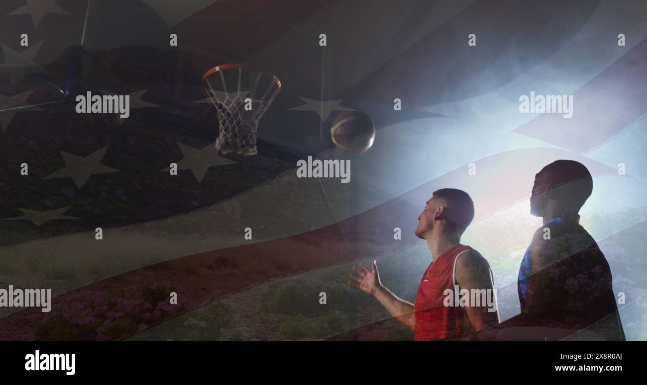 Image of flag of america over multiracial male players playing ...