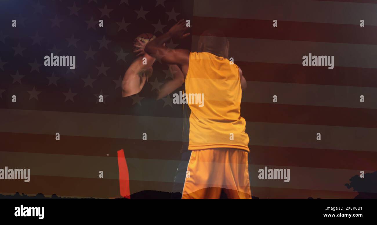 Image of flag of america and multiracial male opponent players playing ...