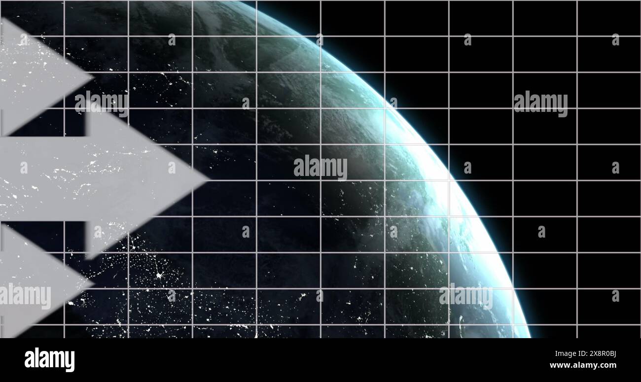 Image of arrow on grid pattern and rotating globe over black background ...