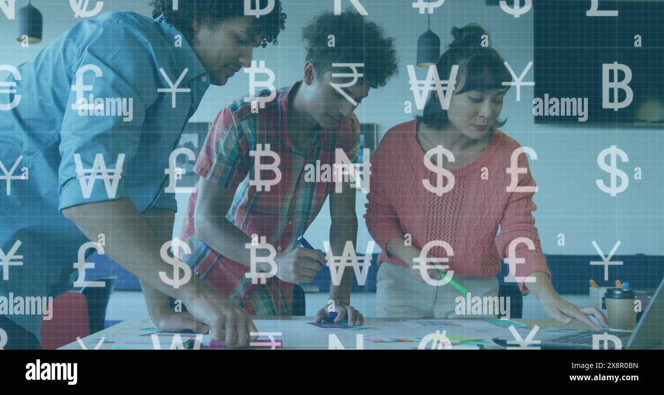 Image of multiple currency symbols over diverse architects sharing ...