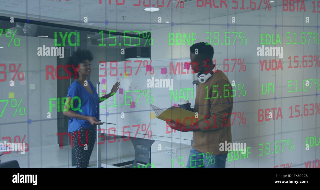 Image of trading board over diverse coworkers planning strategy on ...