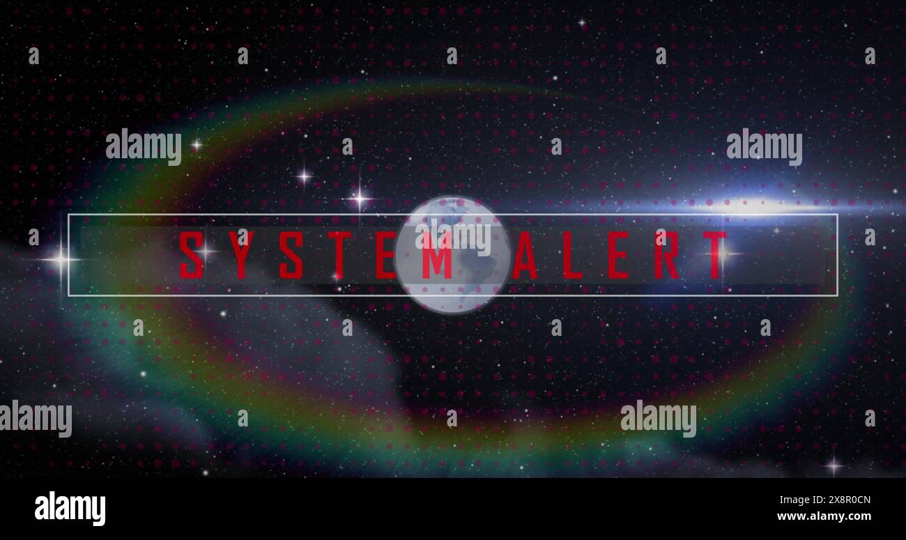 Image of system alert in bar with dots on rotating globe over lens ...