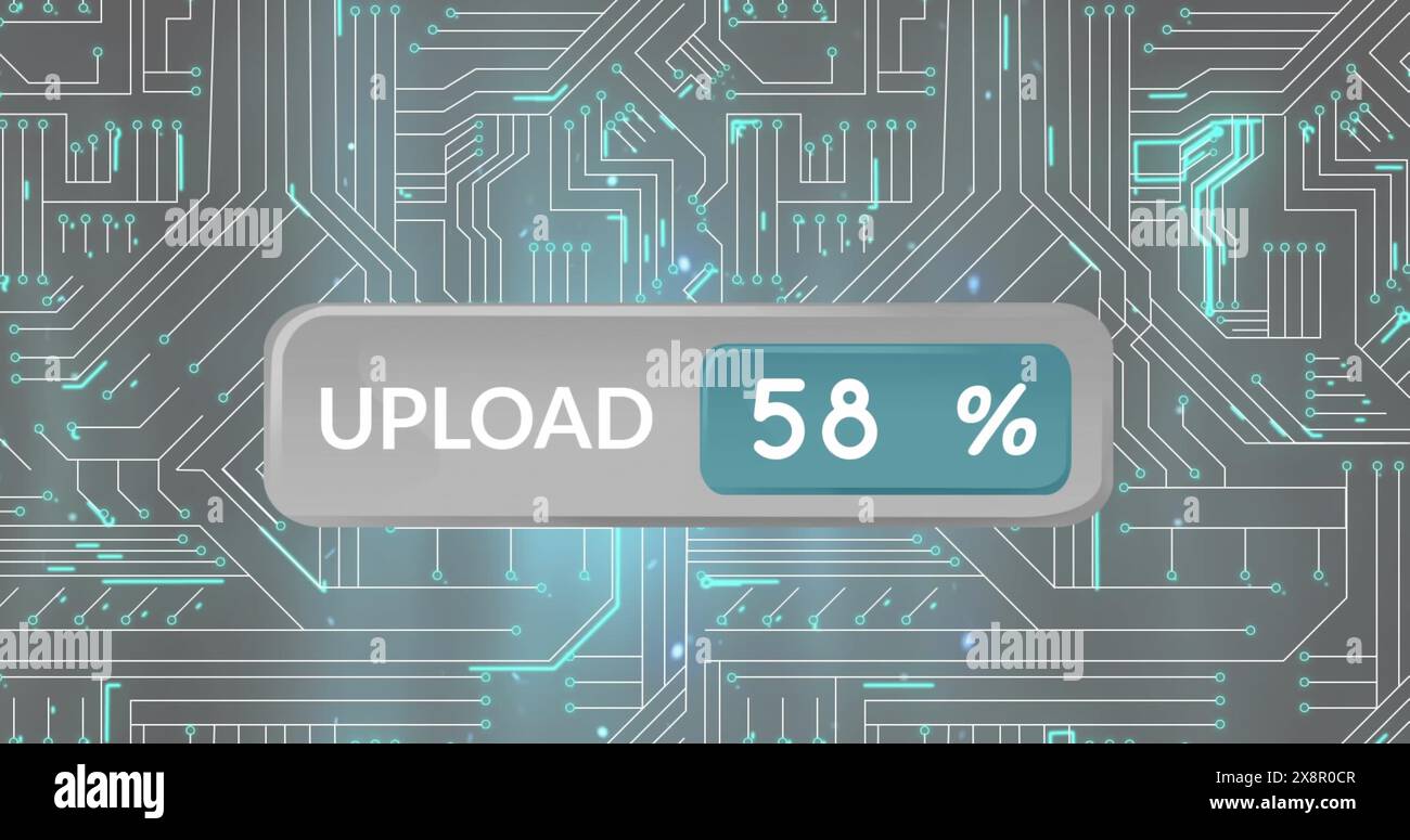 Image of upload and changing numbers in bar over circuit board pattern on gray background ...