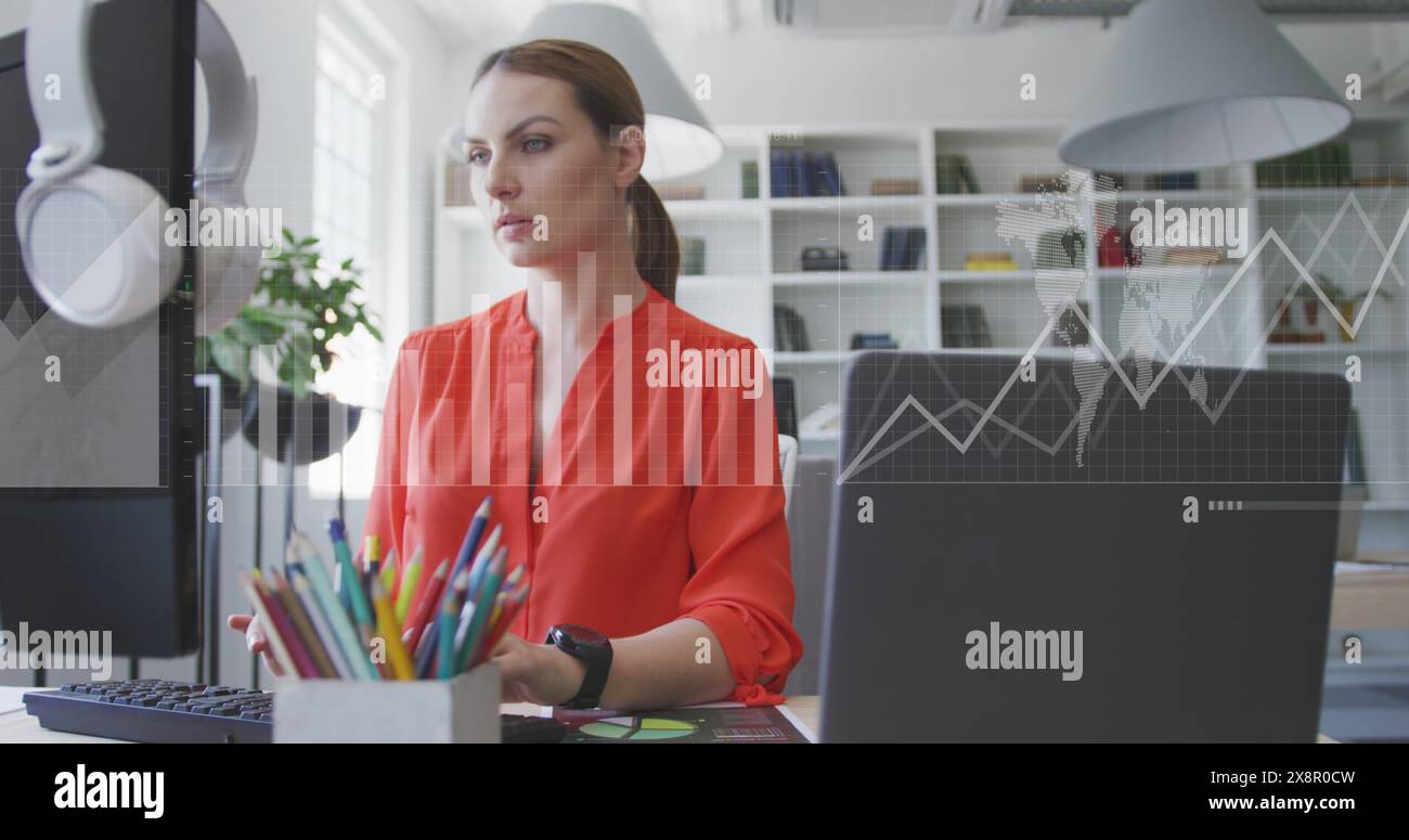 Image of graphs, loading bar, map over caucasian woman working on desktop in office Stock Photo ...