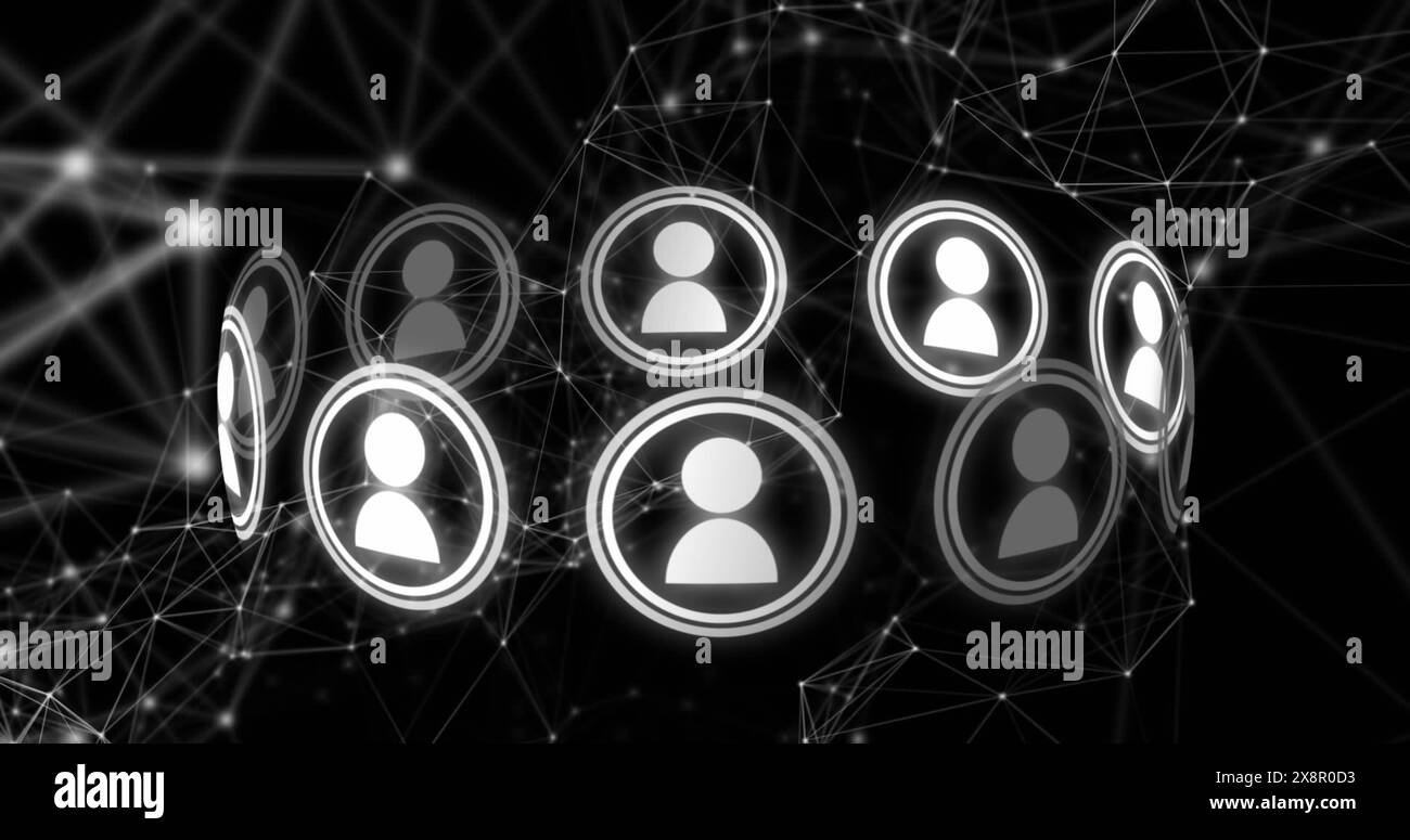 Image of profile icon in circles over connected dots against black ...