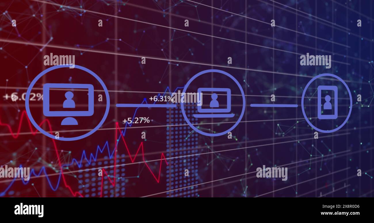 Image of flowchart of icons over multiple graphs with changing numbers over connected dots Stock ...