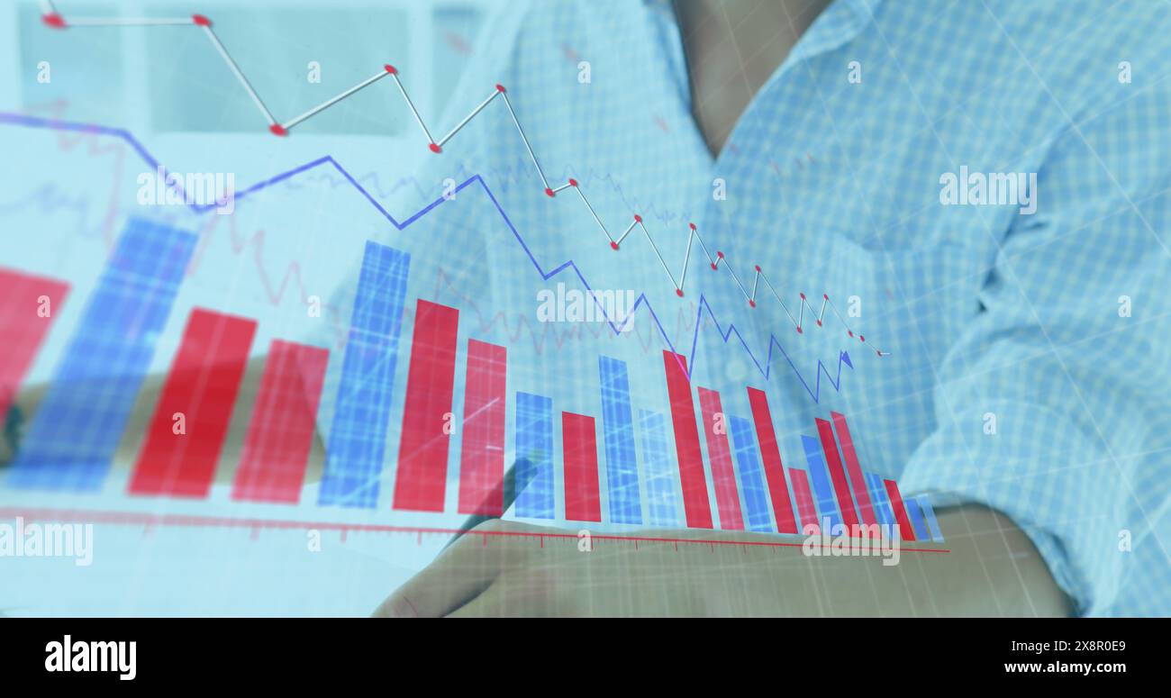 Image of graphs moving over caucasian businessman drawing on graphics ...