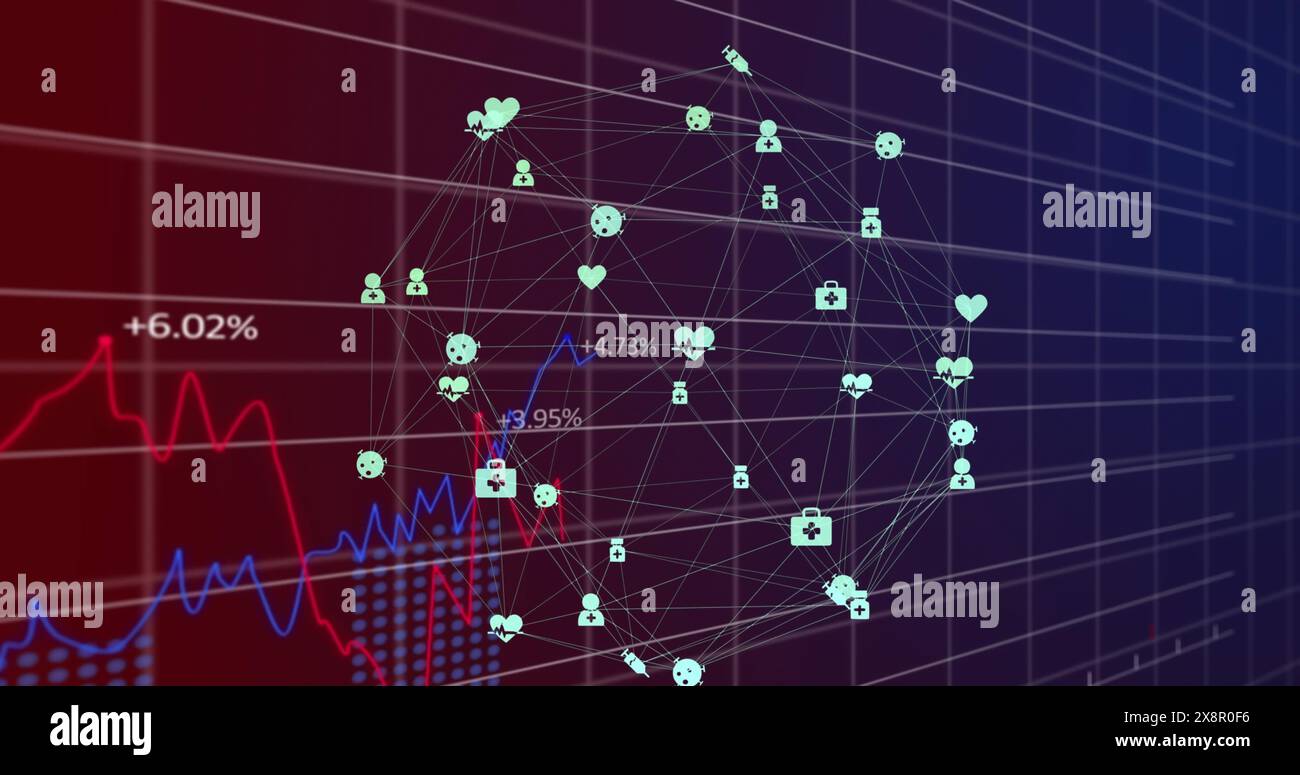 Image of connected icons forming globe with graphs and changing numbers over black background ...