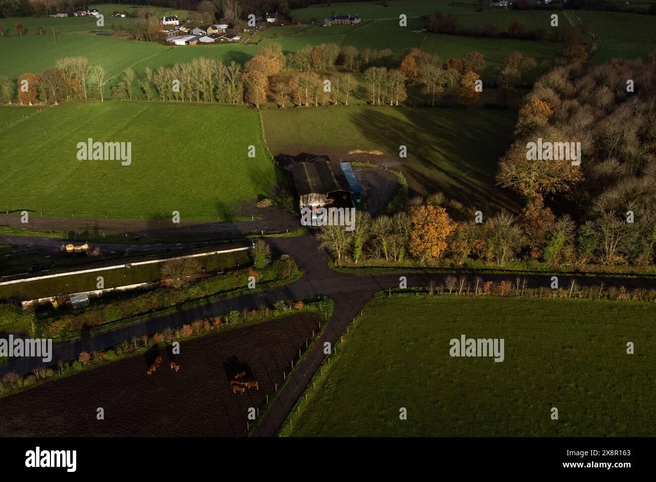 Aerial view of the Gaec du Bois farm in Cotes d Armor, Brittany, France ...