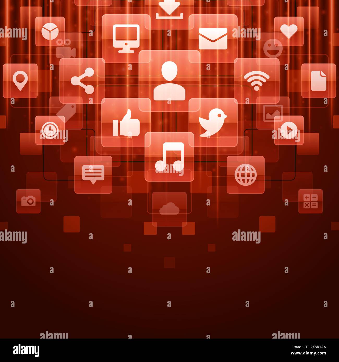 A network of digital icons representing connectivity and social media ...