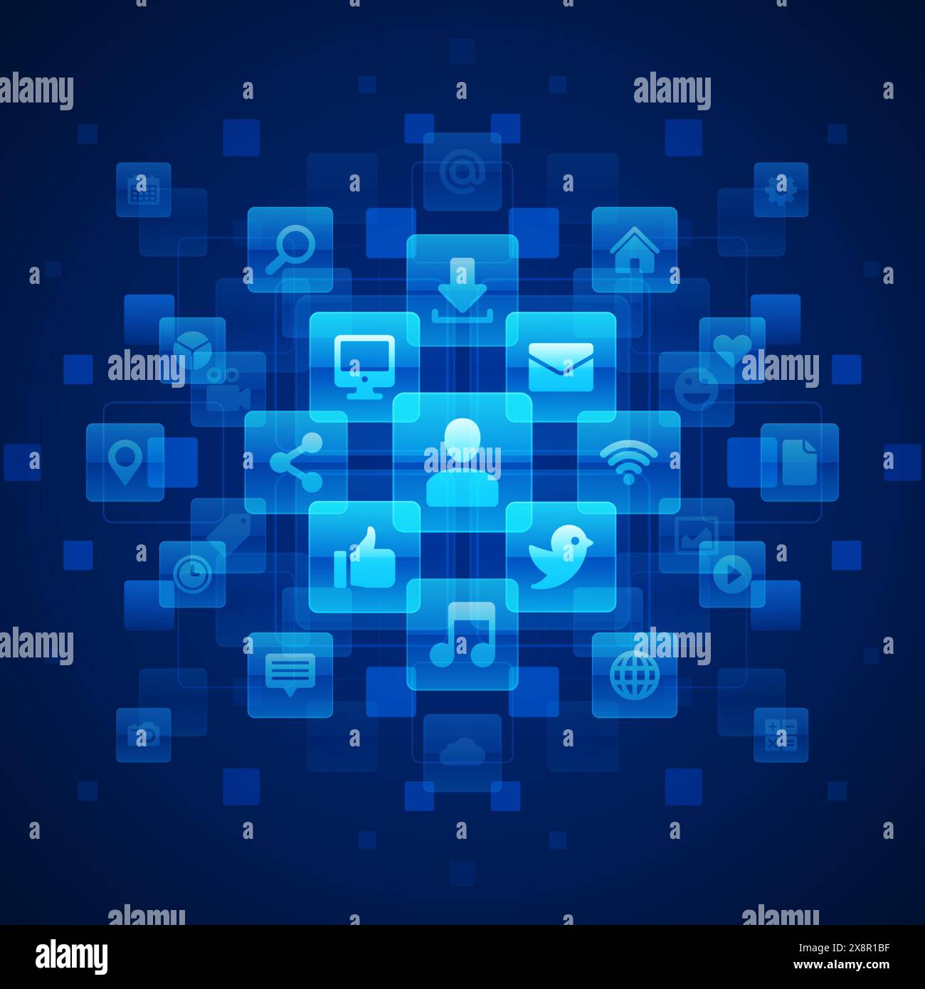 A network of digital icons representing connectivity and social media, visually centered around ...