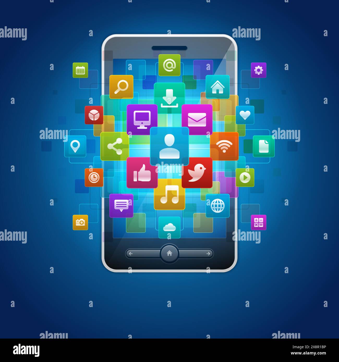 A cell phone displaying icons erupting or emerging from the screen ...
