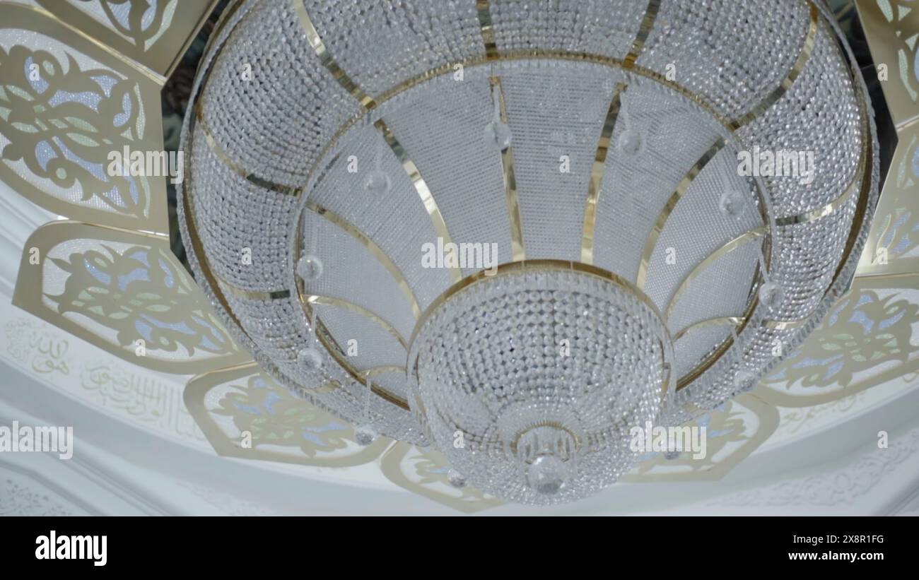 Beautiful ceiling and the large chandelier in Mosque. Scene. Interior ...