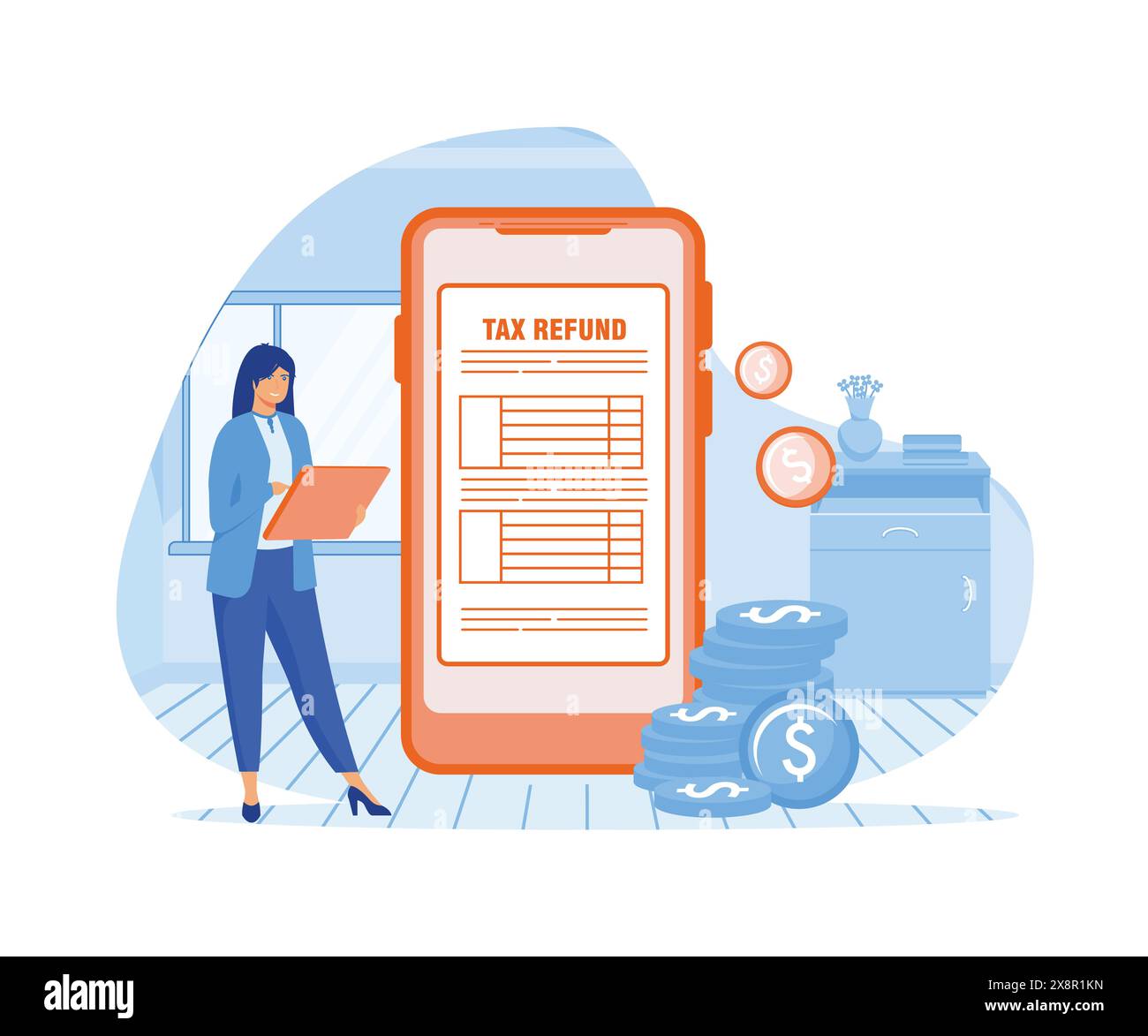Woman checking tax payment. Tax return documents. flat vector modern ...
