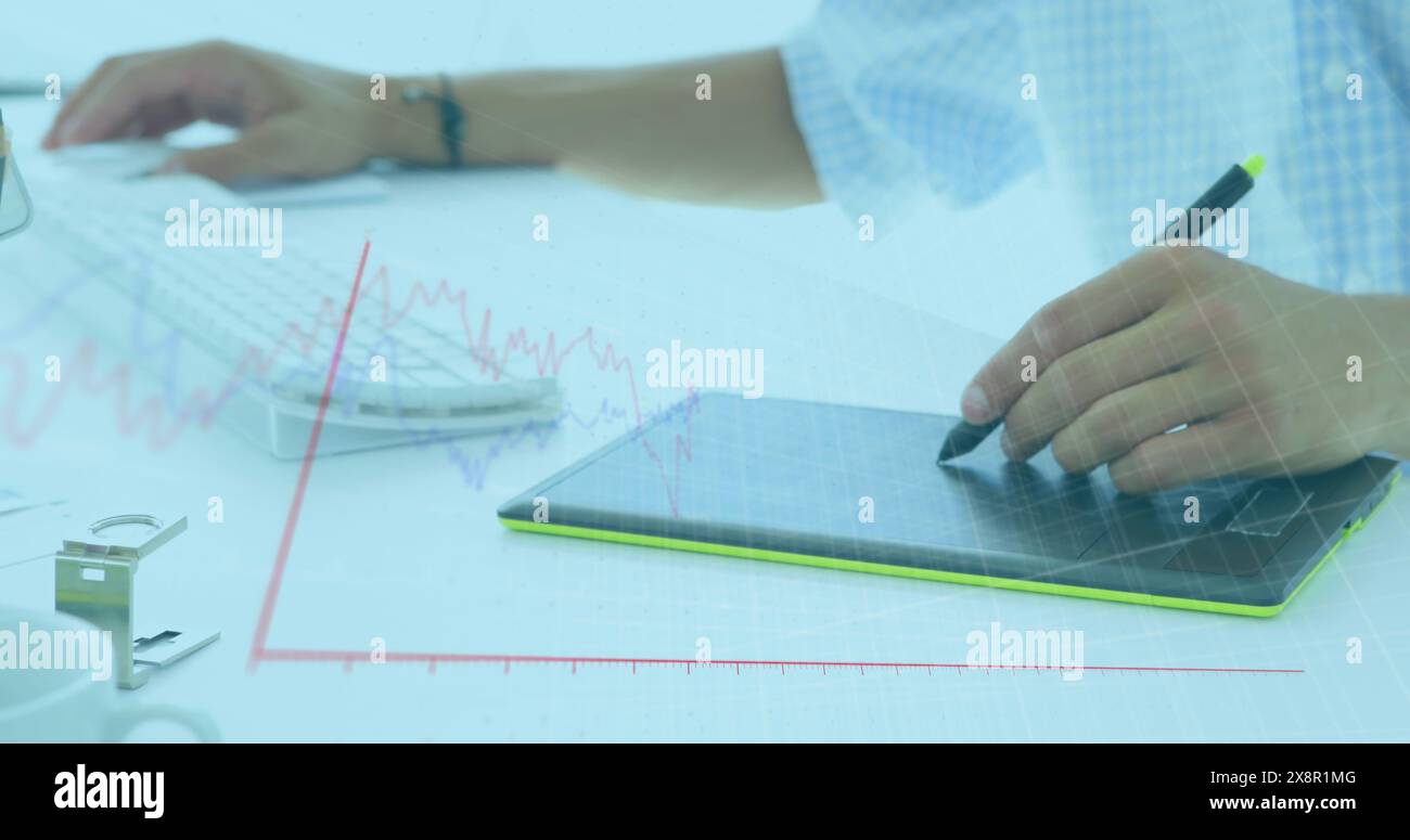 Image of graphs moving over caucasian businessman drawing on graphics ...