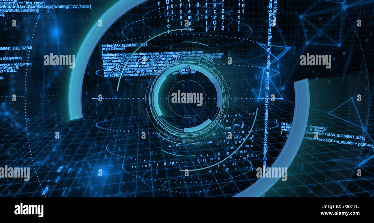 Image of radar spinning over binary codes and programming language Stock Photo - Alamy