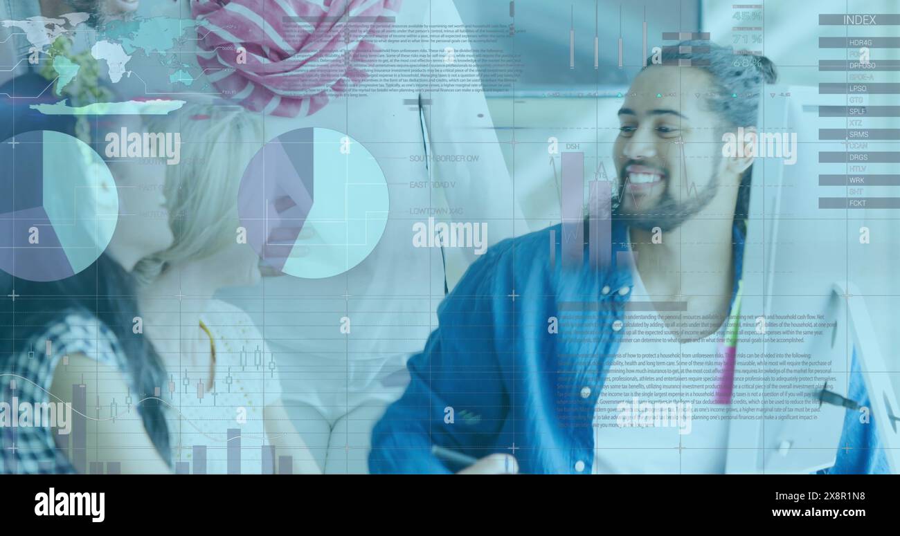 Image of infographic interface, diverse coworkers discussing reports ...
