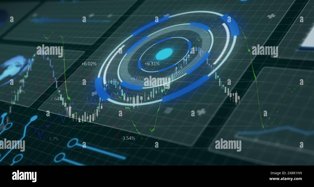 Image of hud screens with radar and multiple graphs moving on grid ...