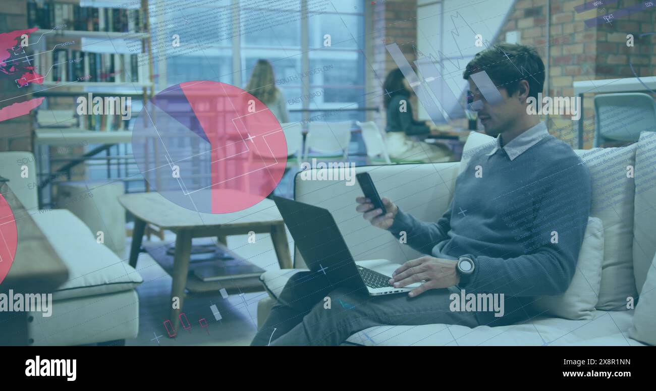 Image of infographic interface, biracial man sitting on couch with laptop and talking on phone ...