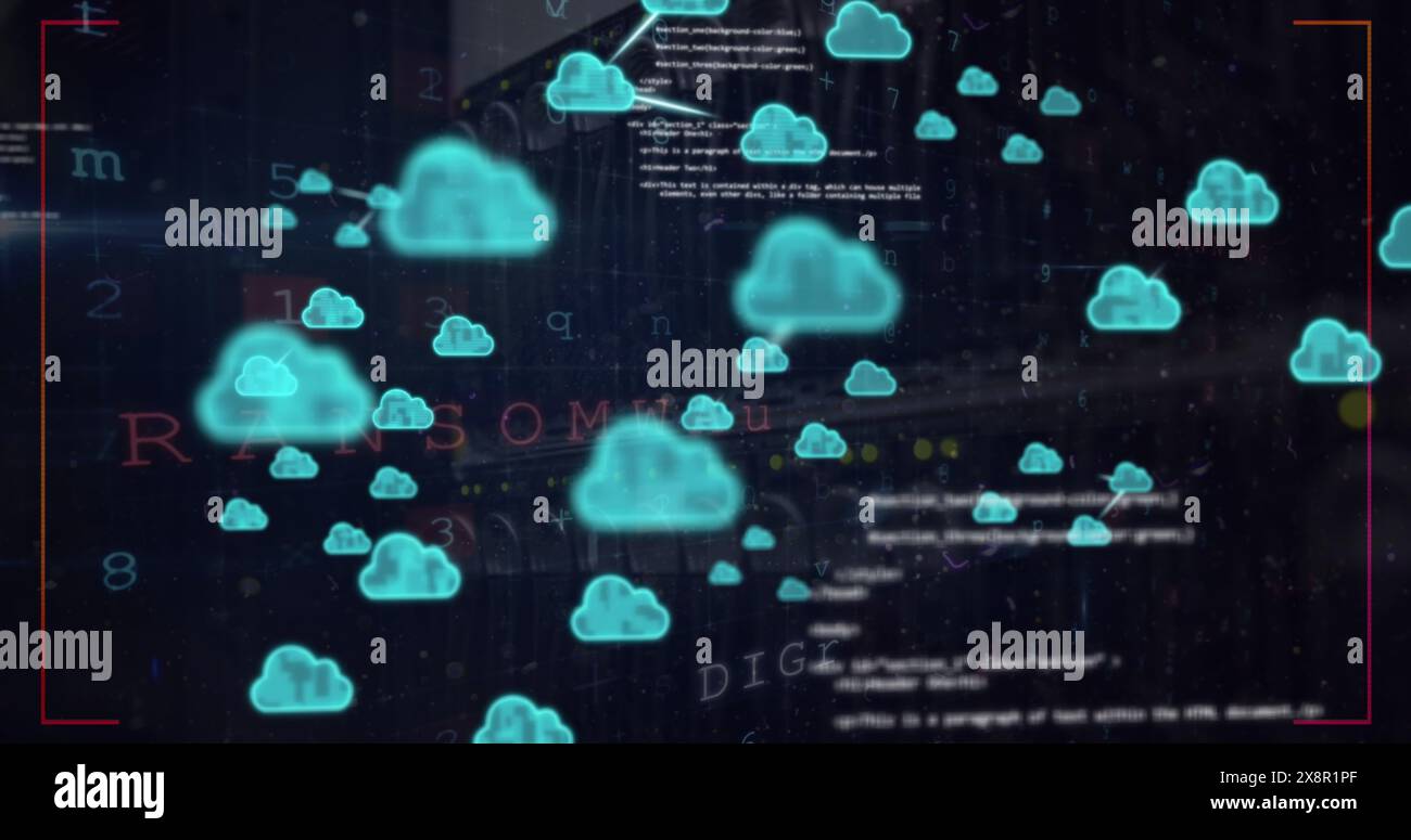 Glowing blue cloud icons floating against dark background filled with ...