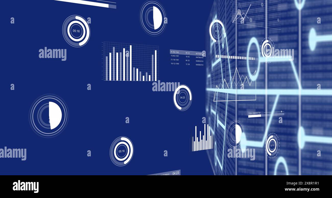 Digital data visualizations and graphs floating in blue virtual space. Blue background with a ...