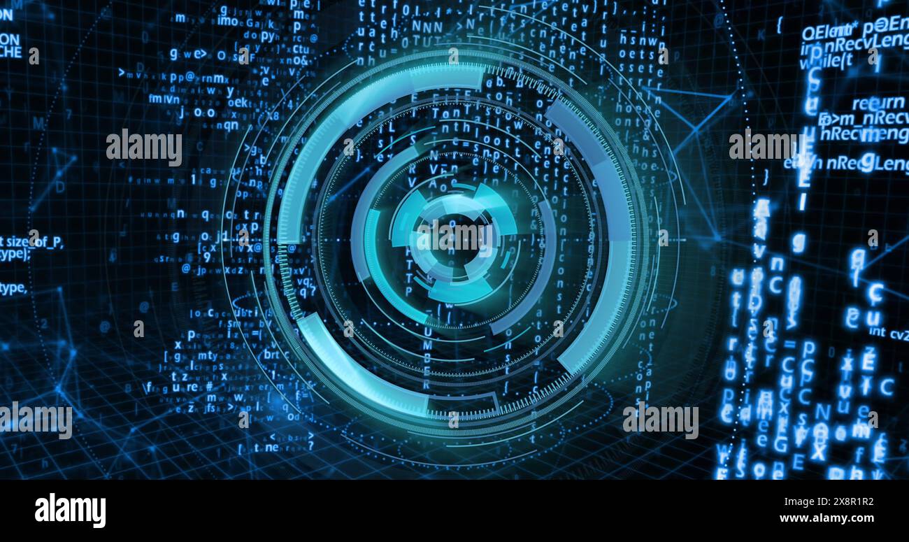 Image of radar spinning over binary codes and programming language Stock Photo - Alamy