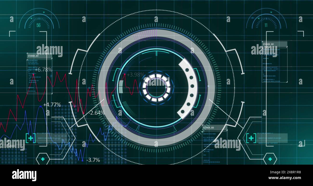 Image of radar and computer language over multiple graphs moving on grid background Stock Photo ...