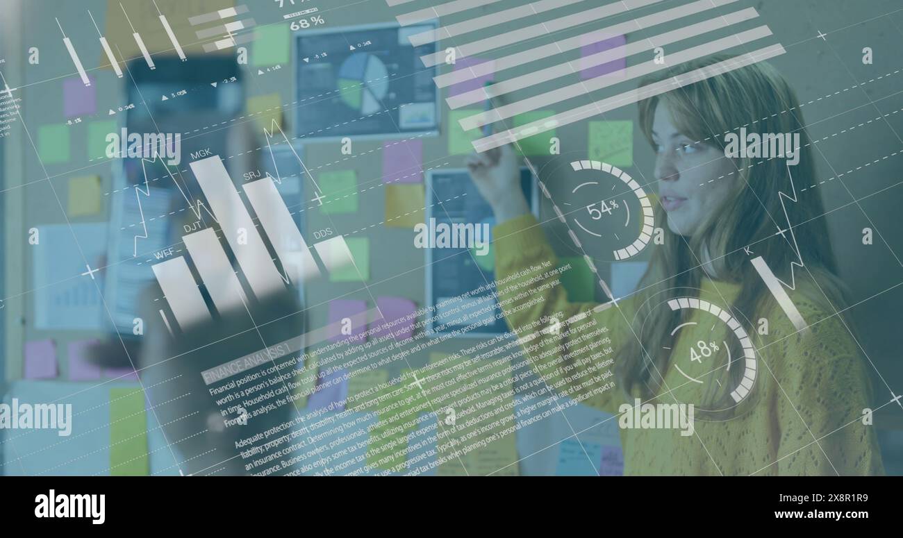 Image of infographic interface, caucasian woman explaining reports ...