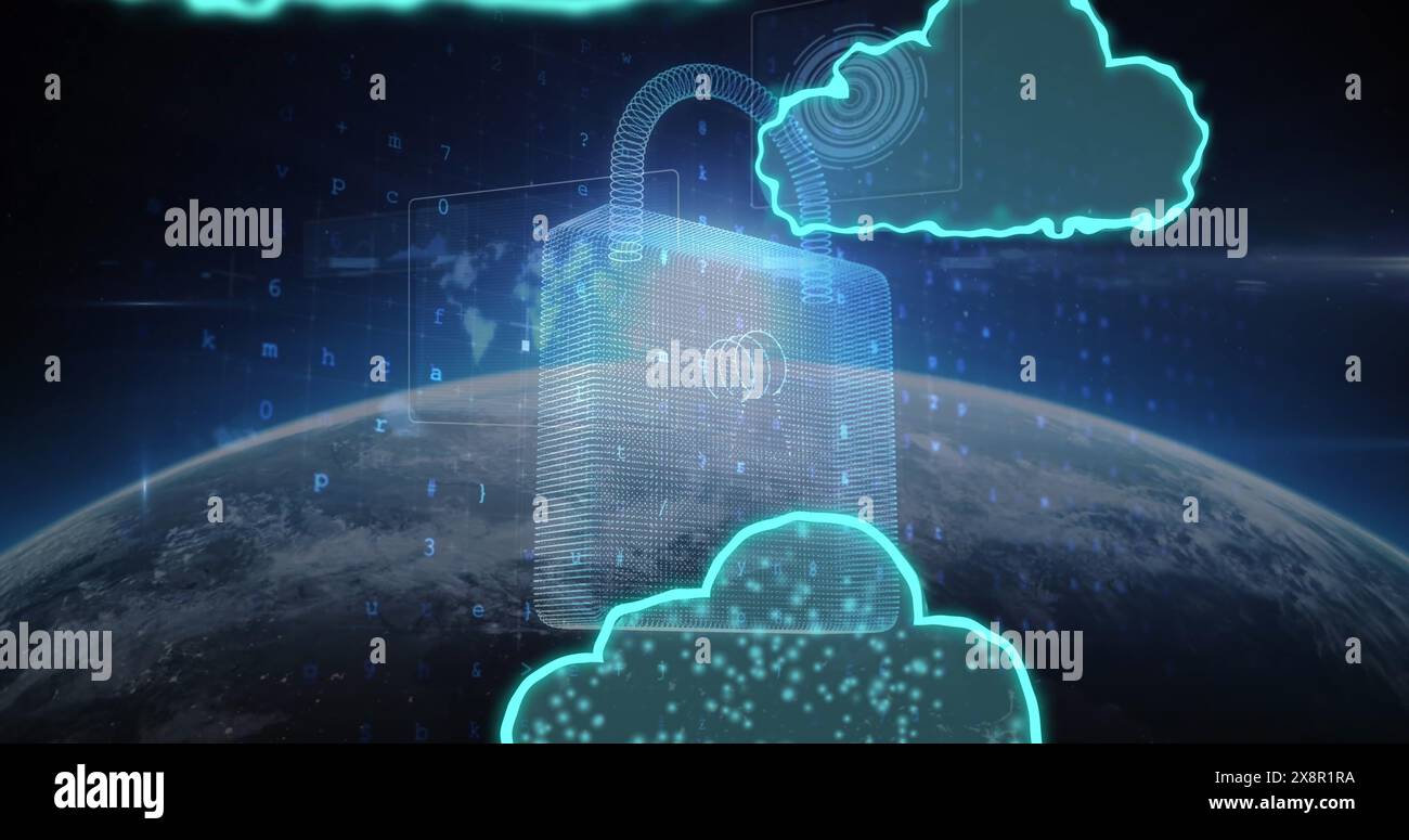 Digital padlock and cloud icons floating above Earth, symbolizing cybersecurity Stock Photo - Alamy