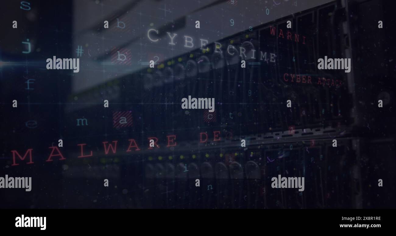 Dark server room with floating text related to cybercrime and malware ...