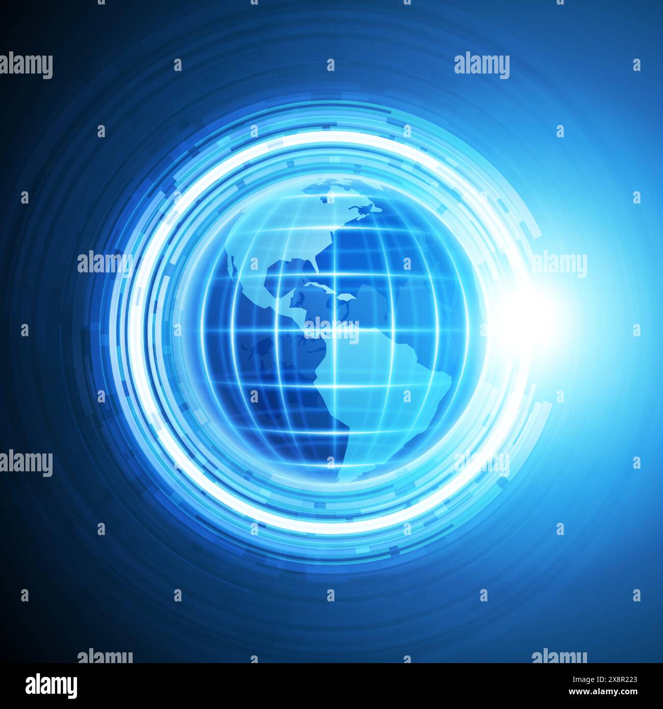 A digital illustration of Earth radiating a blue glow, centered within ...