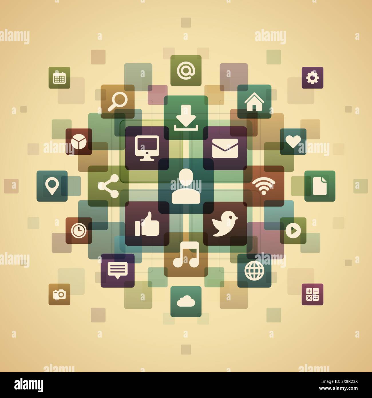 Various social media and communication icons float over a bright ...