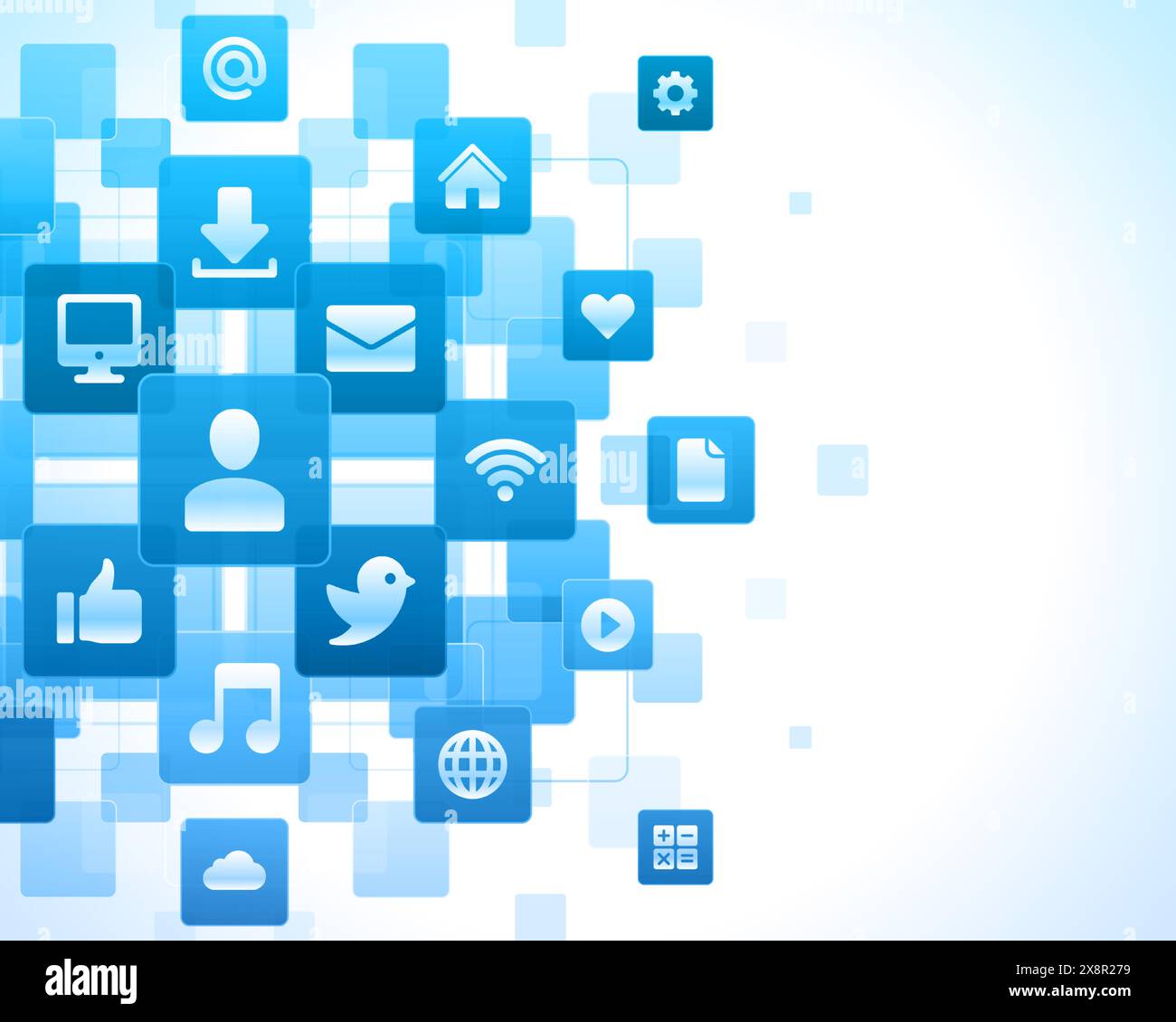 Various social media and communication icons float over a bright, colorful abstract backdrop ...