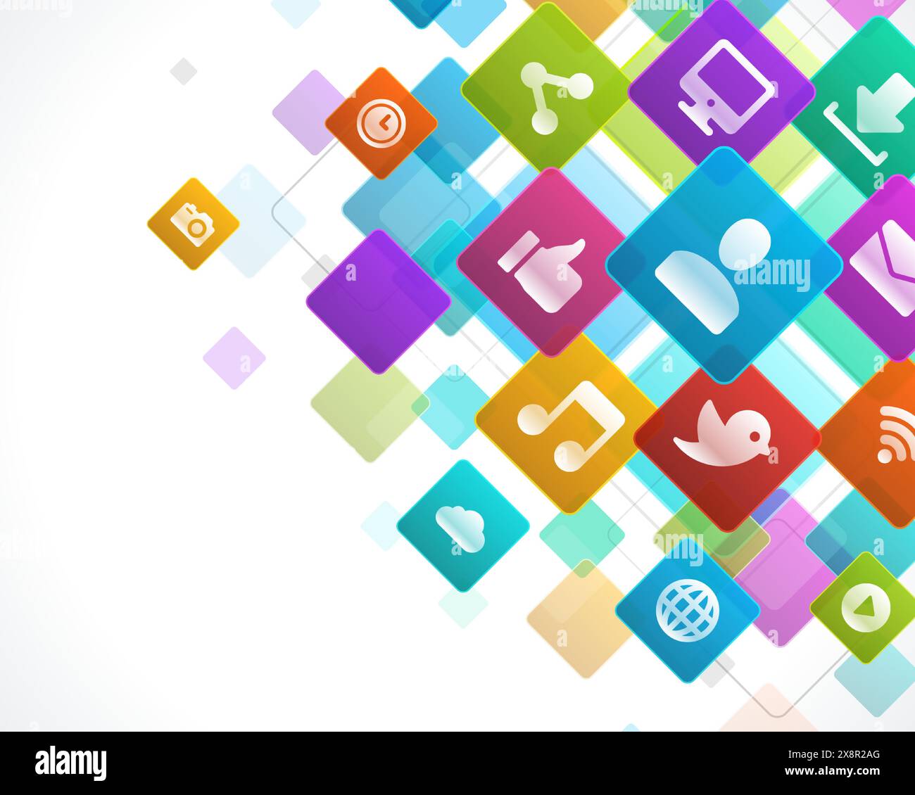 Various social media and communication icons float over a bright ...