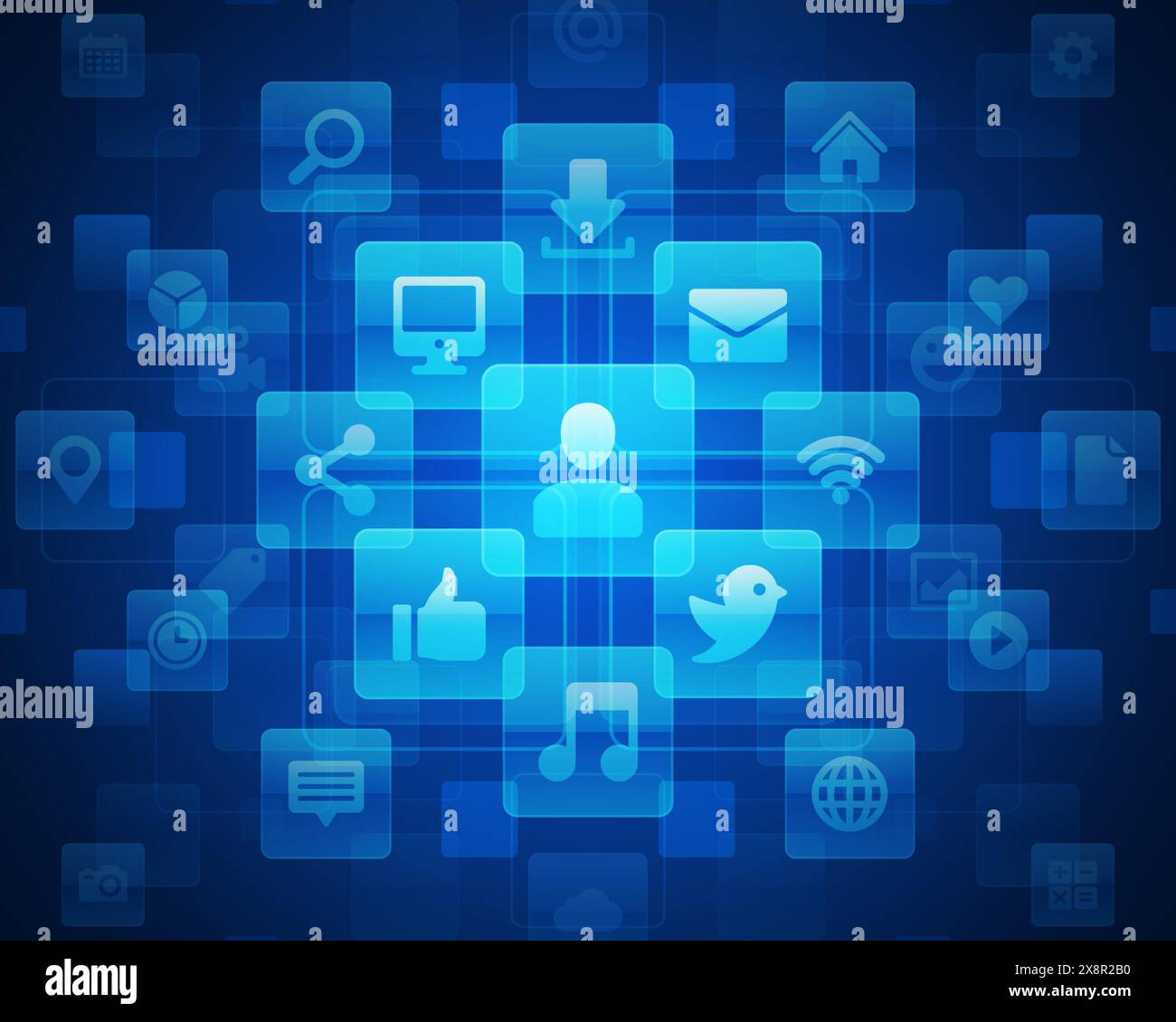 A network of digital icons representing connectivity and social media, visually centered around ...