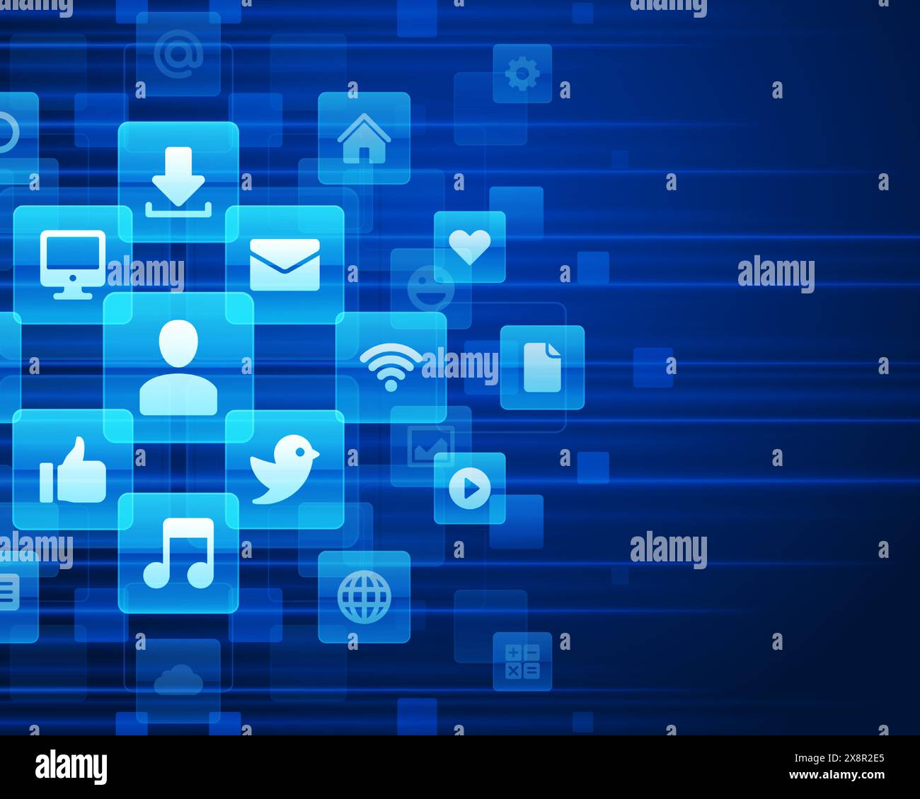 A network of digital icons representing connectivity and social media, visually centered around ...