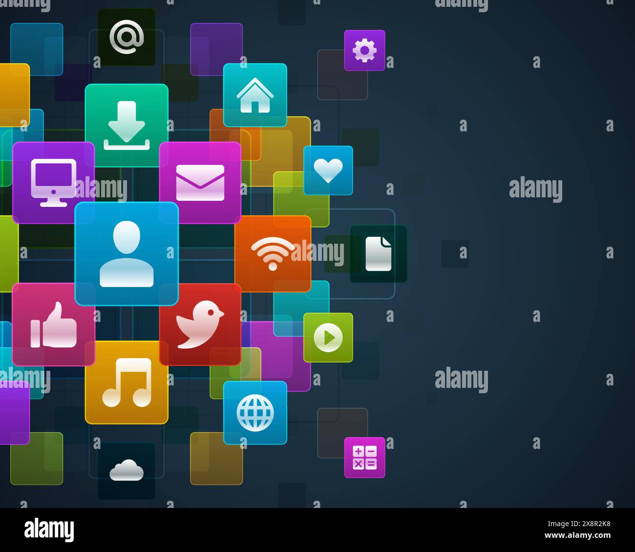 Various social media and communication icons float over a bright ...