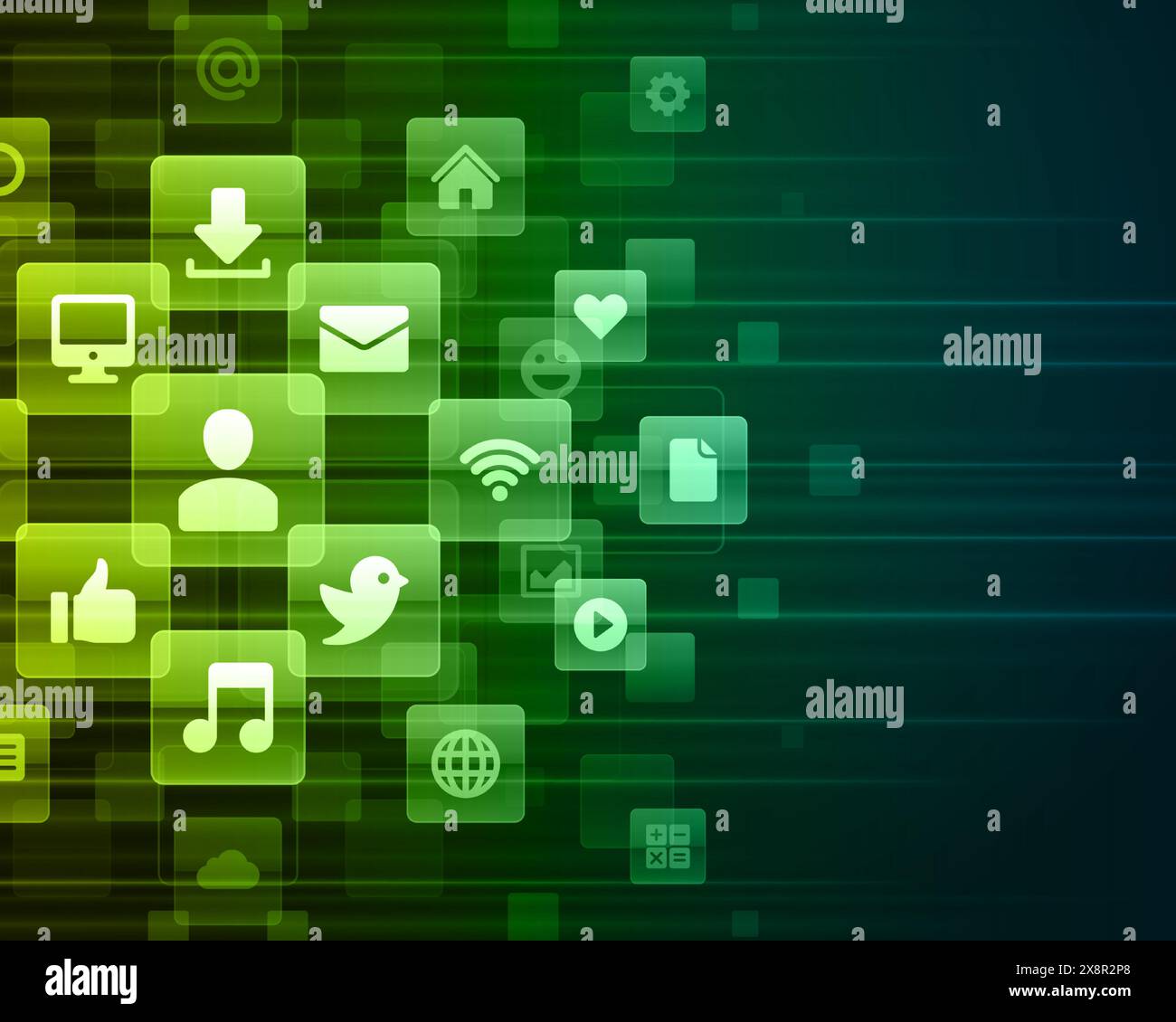 A network of digital icons representing connectivity and social media, visually centered around ...