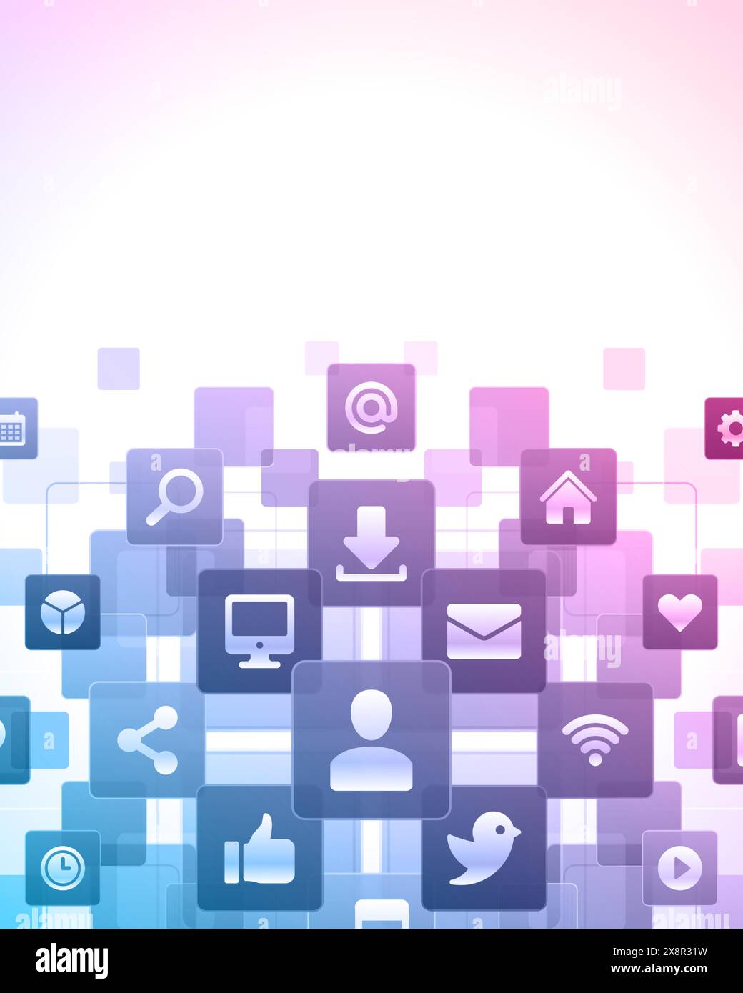Various social media and communication icons float over a bright ...