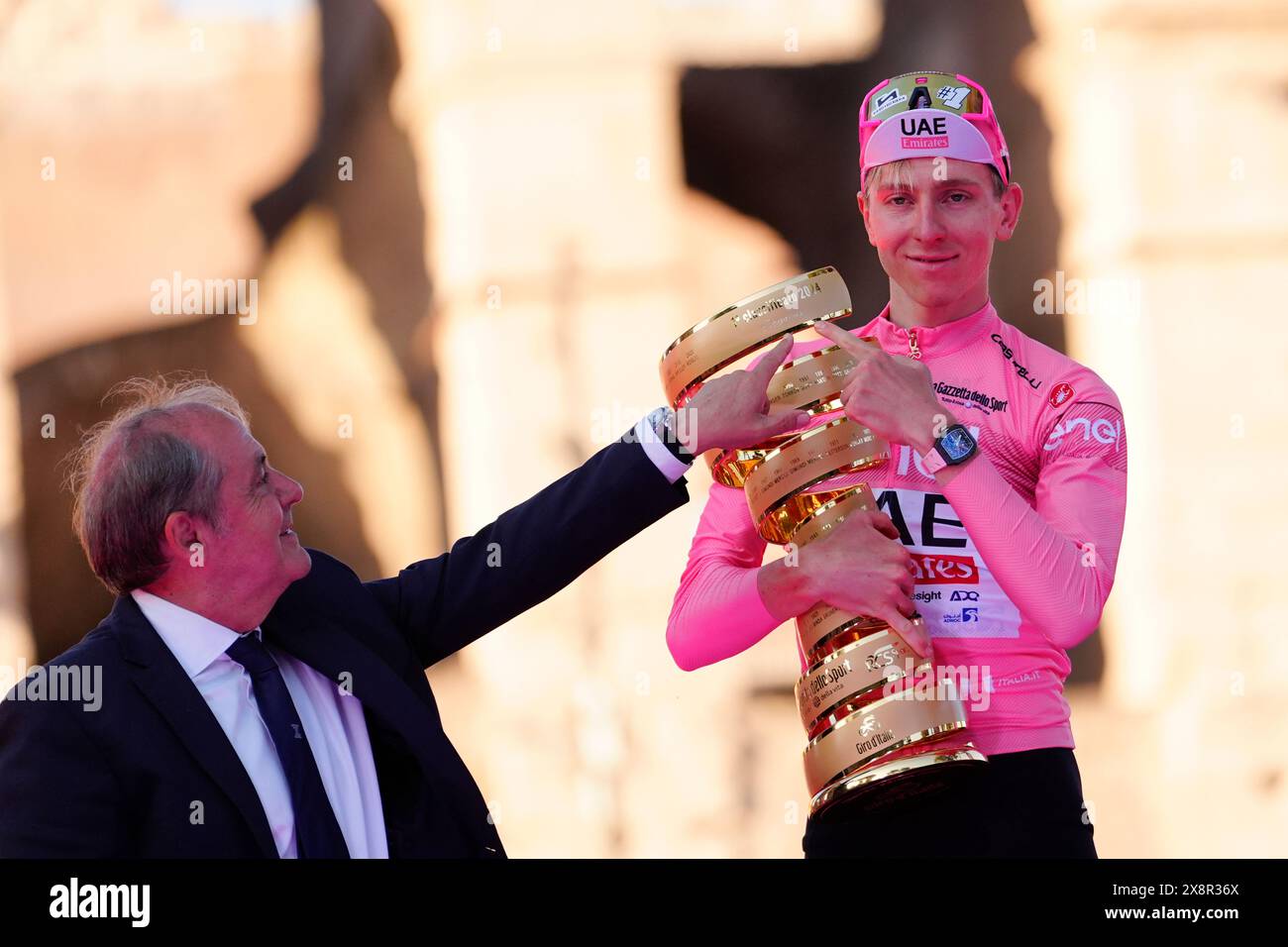 Pogacar Tadej (Team Uae Emirates) pink jersey on the podium with the ...