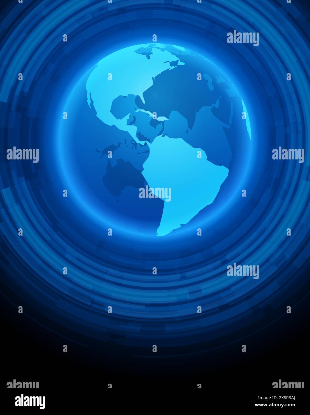A digital illustration of Earth radiating a blue glow, centered within ...