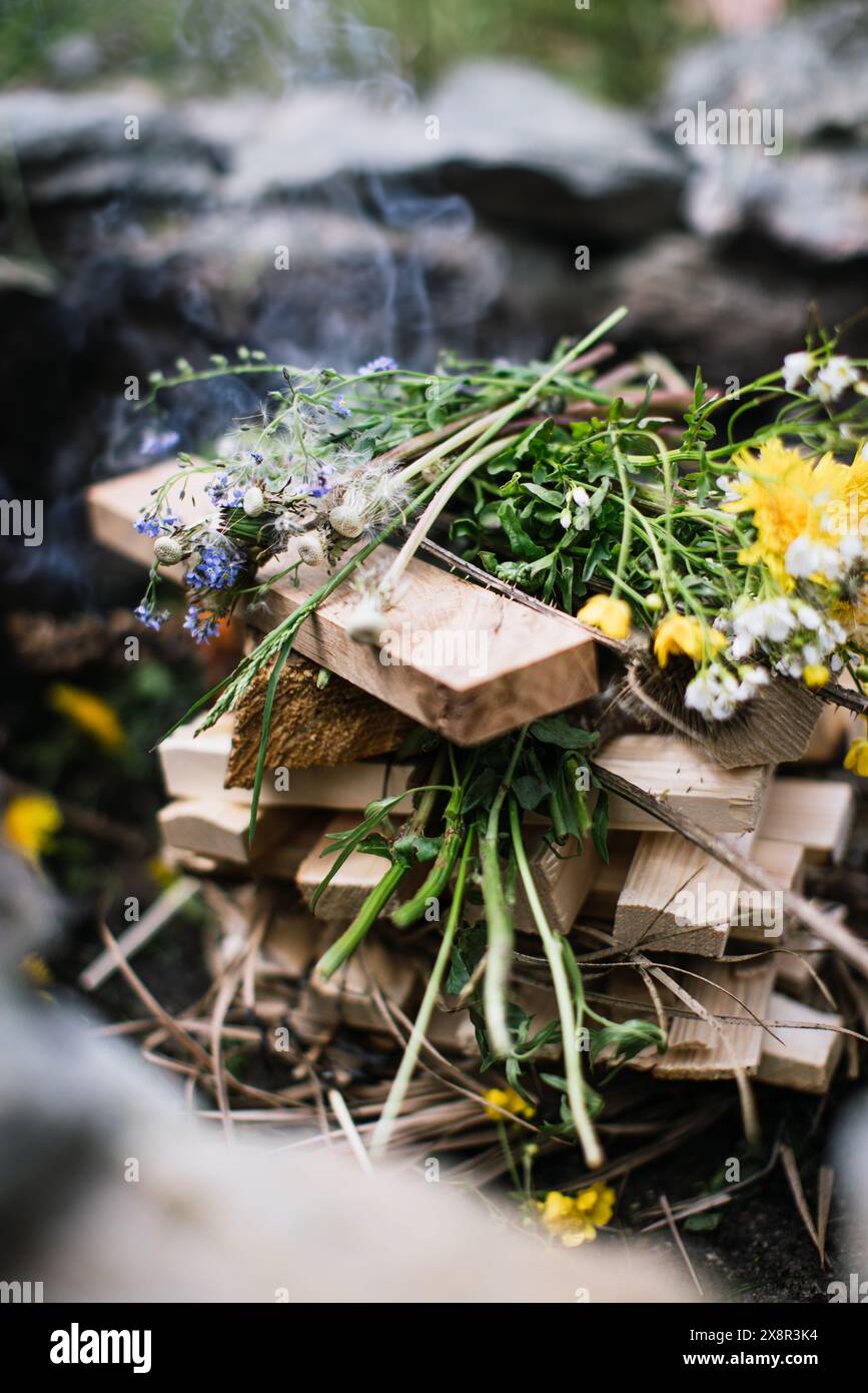 Flowers, herbs, and firewood burn on alpine campfire with rising smoke ...