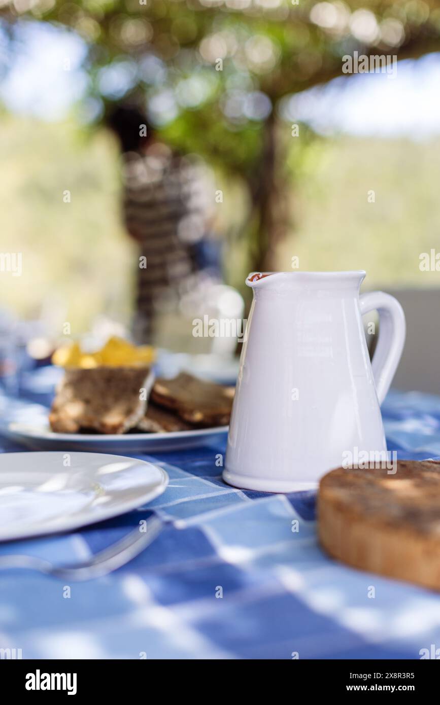 Garden breakfast setup in Catalonia, Spain Stock Photo - Alamy