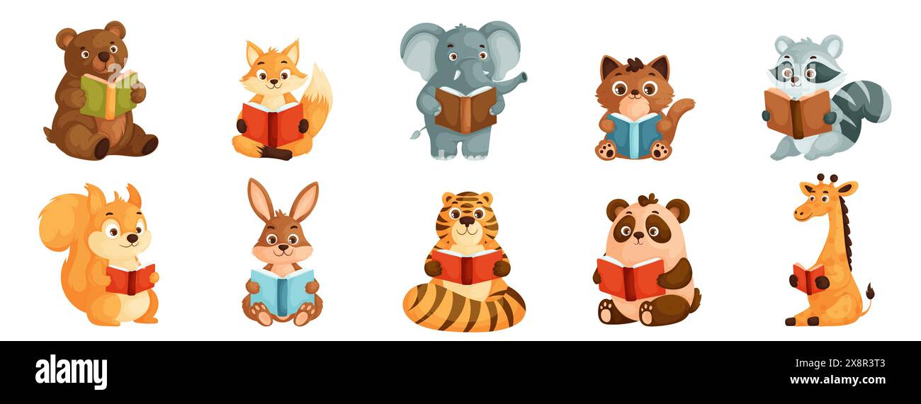 Adorable Cartoon Animals Reading Books. Cute Illustrations of Bear, Fox ...