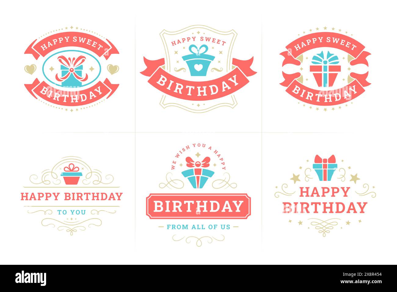 Happy birthday labels and badges set for greeting cards vector flat ...