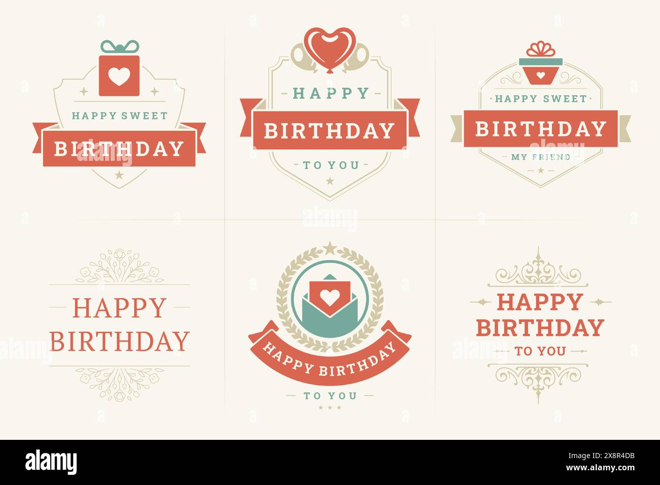 Happy birthday red ribbon vintage emblem and badge set for greeting ...