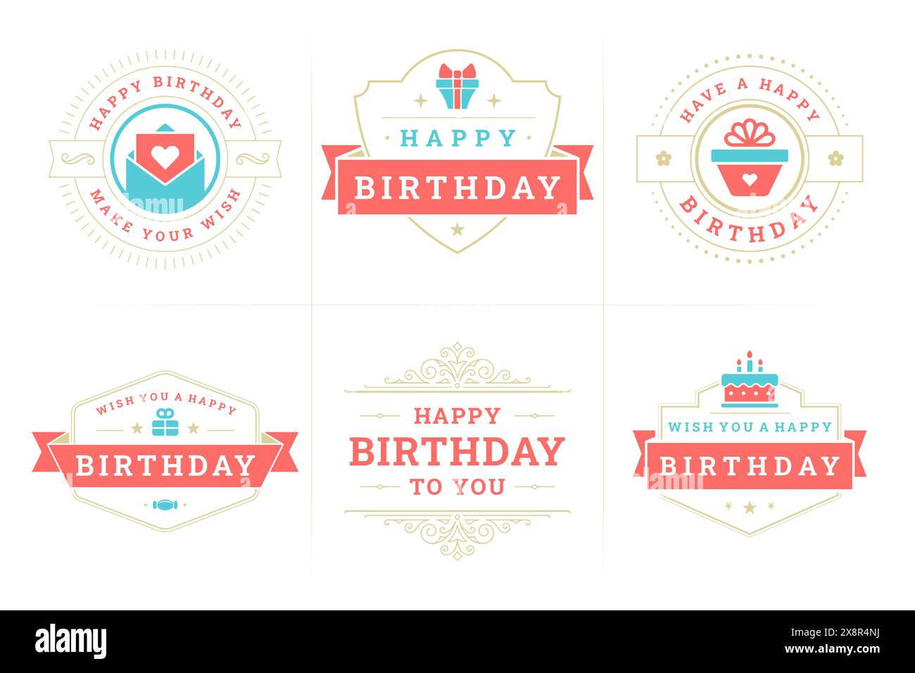 Happy birthday vintage ornate emblem and badge set for greeting card ...