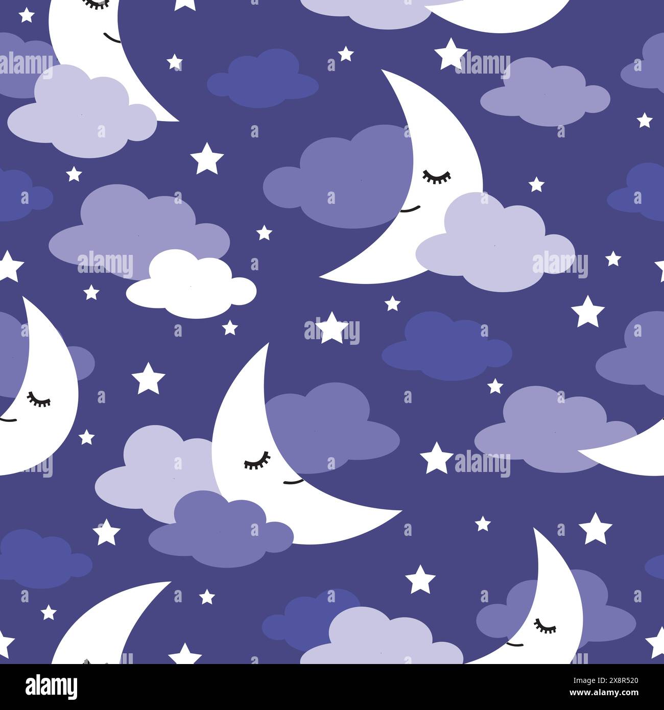 Seamless pattern with moons and clouds, night illustration for kids ...